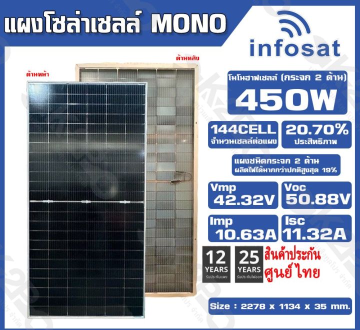 แผงโซล่าเซลล์ MONO 450W Half กระจก 2 ด้าน (Bifacial) INFOSAT โมโน 450W ...