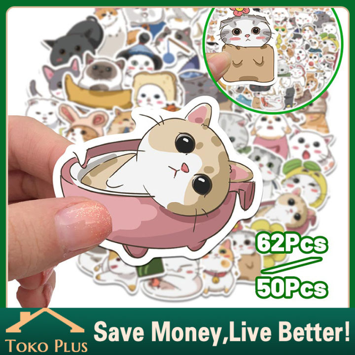 64pcs Stiker Desain Kartun Hewan Kucing Kawaii Warna Kuning Untuk ...
