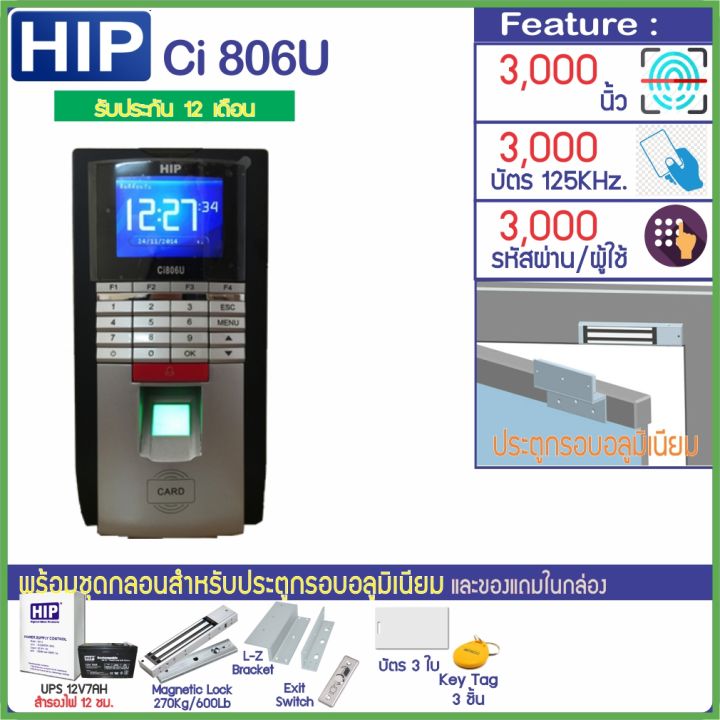 HIP Ci806U เครื่องสแกนลายนิ้วมือทาบบัตรคีย์การ์ด บันทึกเวลาทำงานและเปิดประตู พร้อมชุดกลอน ...
