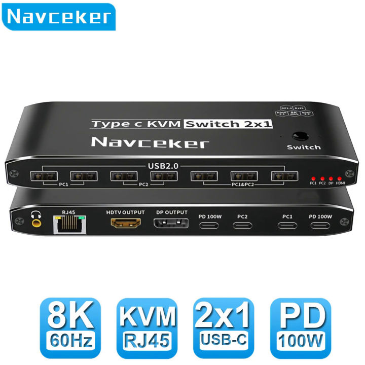 Navceker 2x1 8K Thunderbolt 4 USB C KVM Switch RJ45 100W PD Charge 4K ...