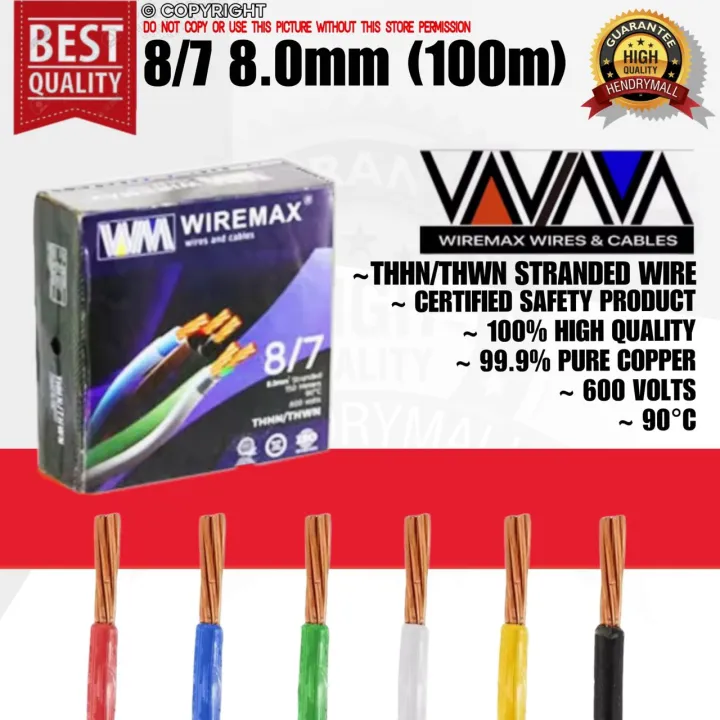 WIREMAX THHN / THWN STRANDED WIRE 8/7 8.0mm (100 METERS) PURE COPPER 99 ...