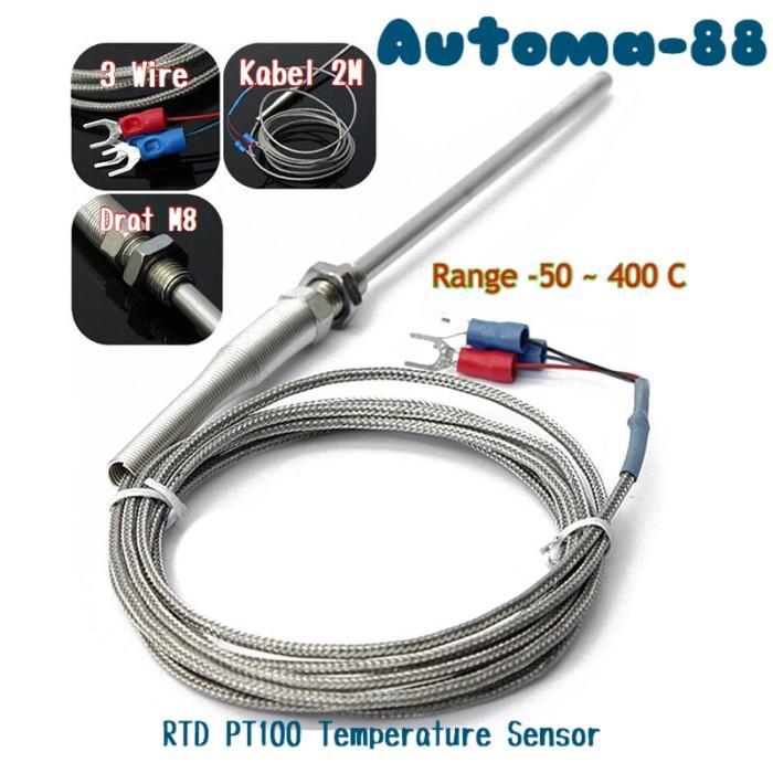 TEMPERATURE SENSOR SUHU RTD PT100 PROBE 100MM KABEL 2M 2 METER DRAT M8 ...