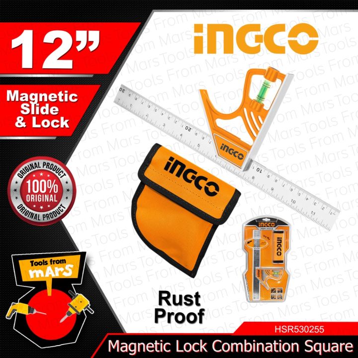 INGCO 12" Inch Magnetic Lock Combination Square Stainless Steel ...