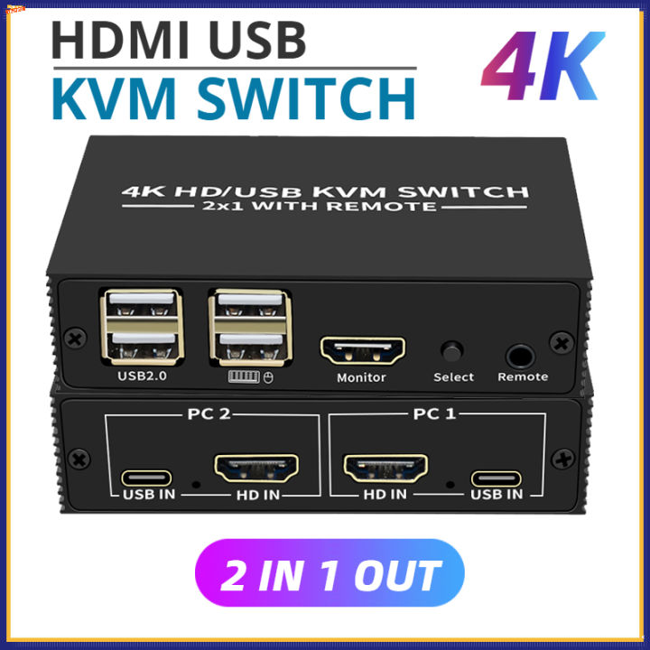 2 Port HDMI KVM Switch 2x1 4K HDMI USB Switch Selector 2 In 1 Out with Desktop Controller ...