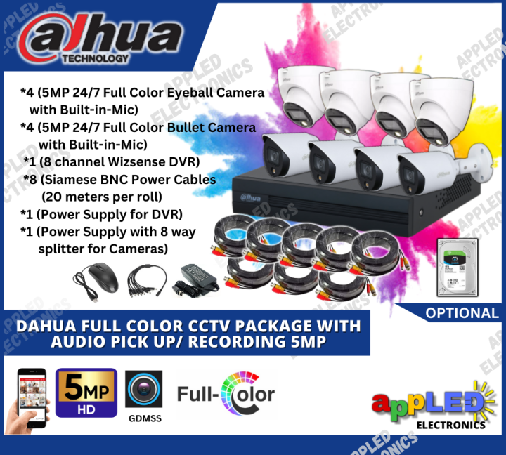 DAHUA Full Color CCTV Package with Audio Pickup/Recording 5MP 8 24/7 Full Color Cameras with ...