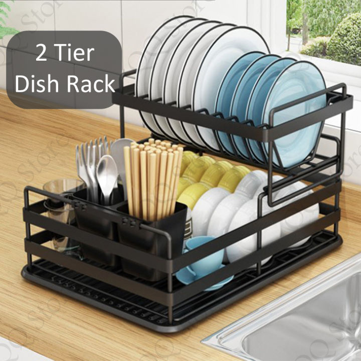 2 Tier Rak Pinggan Drainer Tray Stainless Steel Kitchen Organizer ...