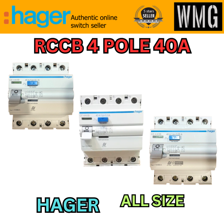 HAGER RCCB 4 POLE 40A 0.03 30 / 0.1 100 / 0.3 300mA | Lazada