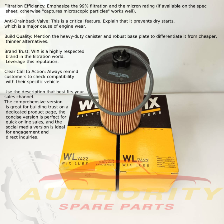 WIX FILTERS WL 7422 ใส่กรองน้ำมันเครื่องน้ำมันชื้อเพลิง | Lazada.co.th