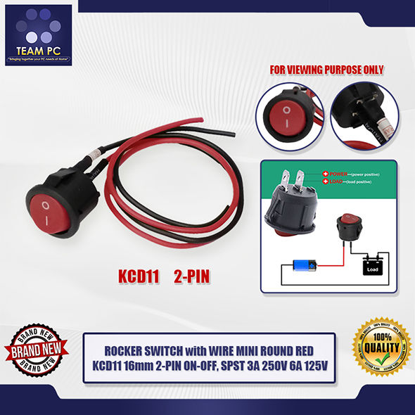 TEAM PC ROCKER SWITCH with WIRE MINI ROUND RED KCD11 16mm 2-PIN ON-OFF ...