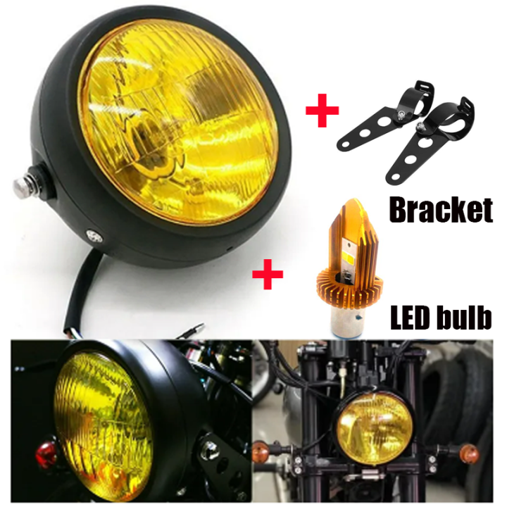 6.5 INCH Universal Round Motorcycle Headlight Vintage （Yellow/White ...