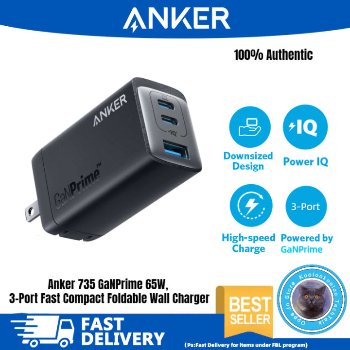 Anker 735 GaNPrime 65W, 3-Port Fast Compact Foldable Wall Charger USB C ...
