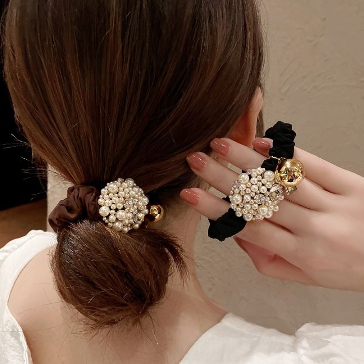 Simple Temperament Pearl Crystal Head Rope Girl Hair Ring With Diamond ...