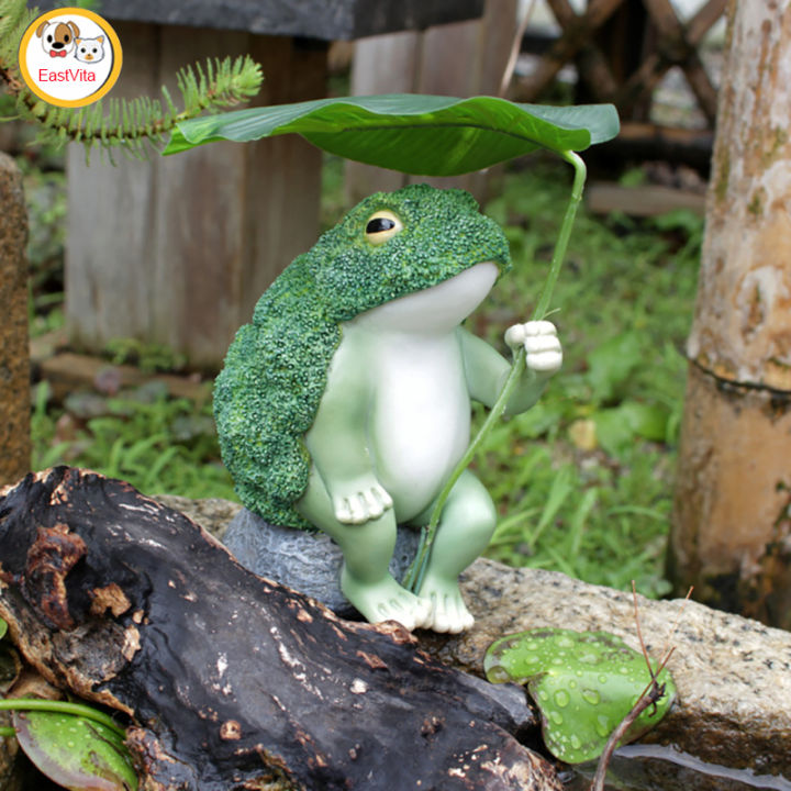 Garden Broccoli Frog Statue, Outdoor Broccoli Frog Holding Lotus Leaf ...