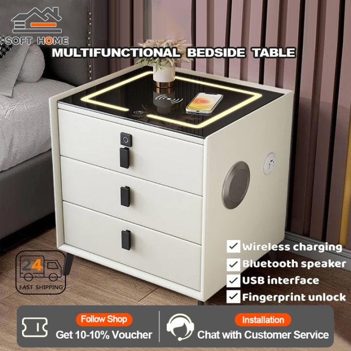 SOFTHOME 3 Layer Bedside Table Lighting Locker with Wireless Charging ...