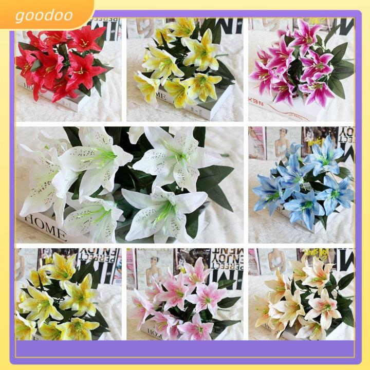 GOODOO 10 Heads ร้อน ของตกแต่งบ้าน สีสัน ช่อลิลลี่ ดอกไม้ประดิษฐ์ ...