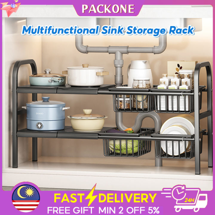 PACKONE Under Sink Organizer Kitchen Dish Rack 2 Tier Expandable ...