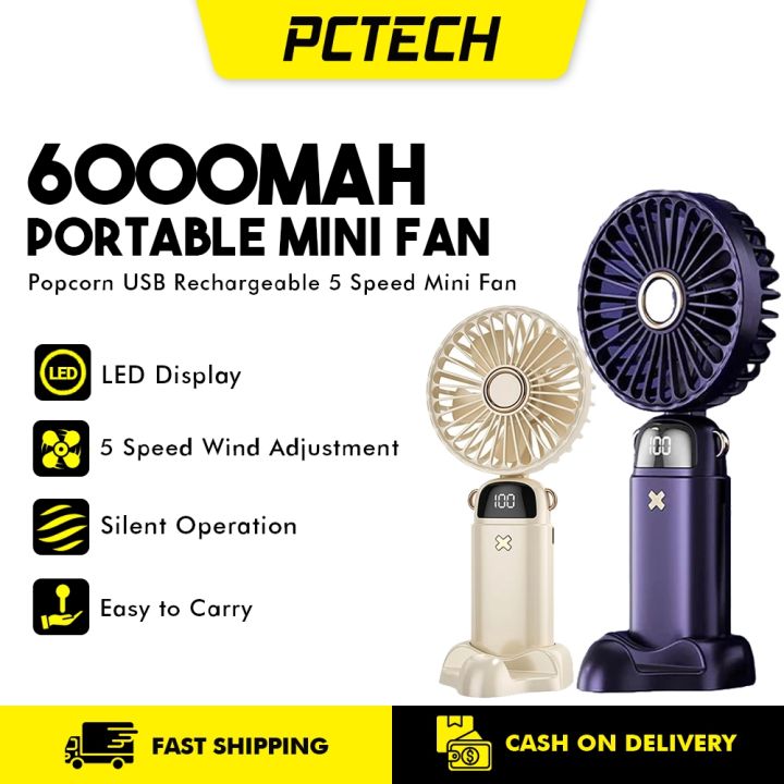 Popcorn 6000mAh Mini Portable Hand-Held USB Rechargeable Fan 5 Speed ...