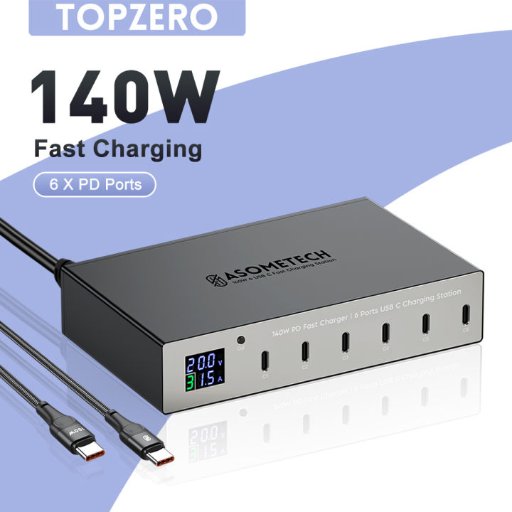 TOPZERO 140W 6 PD ที่ชาร์จความเร็วสูง30W หลายประเภท C พร้อมจอแสดงผล LED แท่นชาร์จสำหรับโทรศัพท์ ...