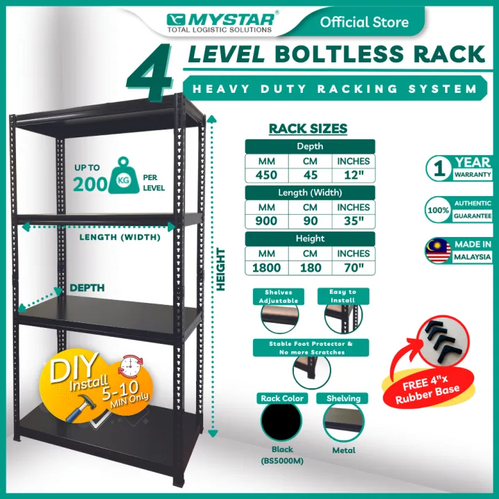MYSTAR 4 Tier Boltless Rack W90 x D45 x H180 cm BLACK Heavy Duty ...