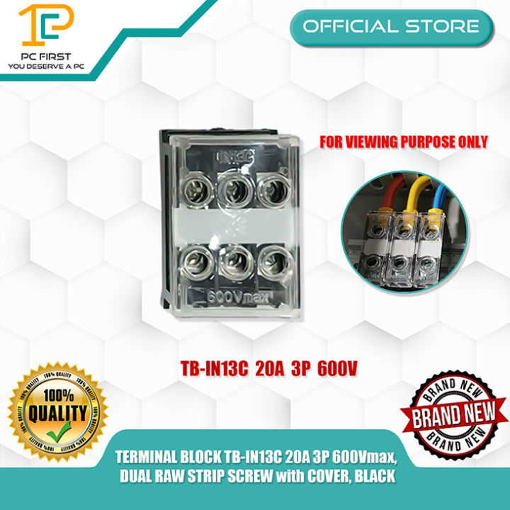 TERMINAL BLOCK TB-IN13C 20A 3P 600Vmax, DUAL RAW STRIP SCREW with COVER ...