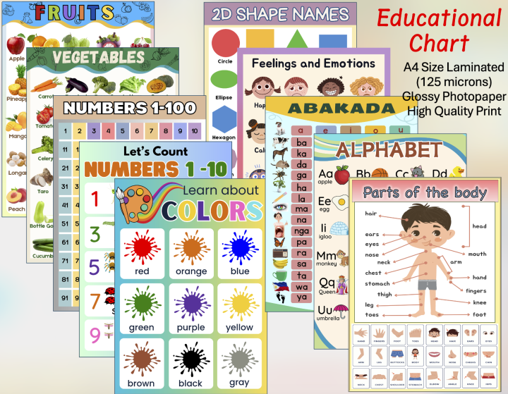 10pcs/5pcs Educational Learning Materials Chart for Kids A4 Size ...