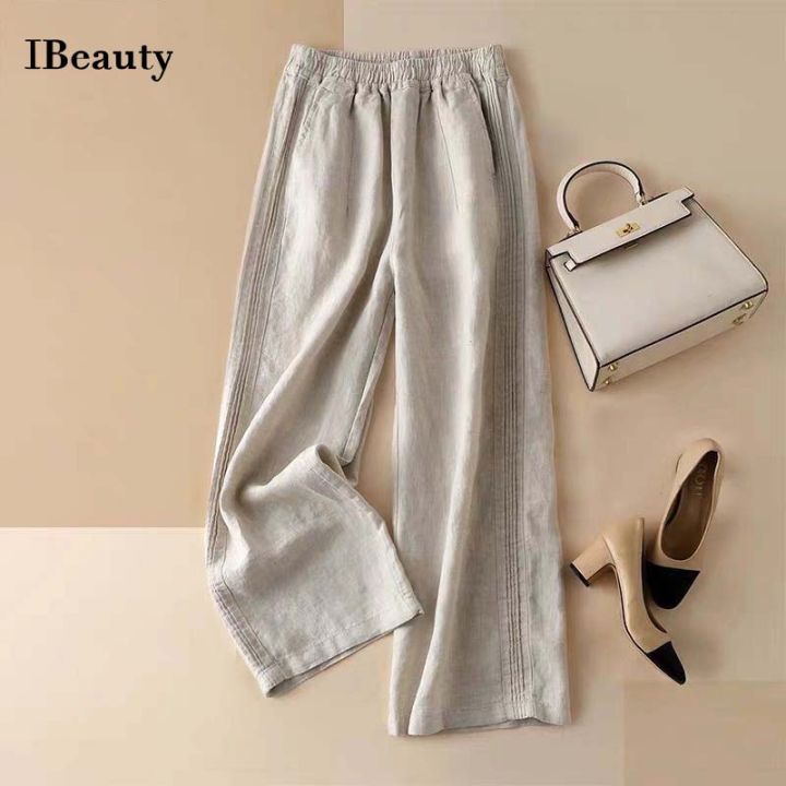 Ibeauty Line Cotton Pants For Women Plus Size Elastic Waist Solid Color