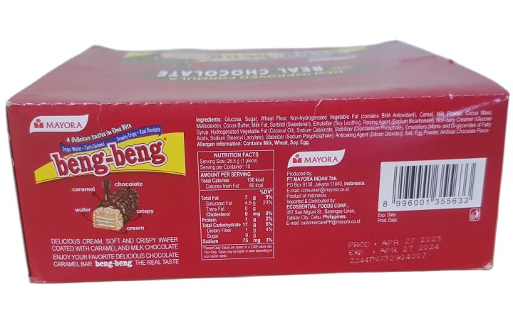 Mayora Brand BENG-BENG Real Chocolate and Caramel Coated Wafer (pack of ...