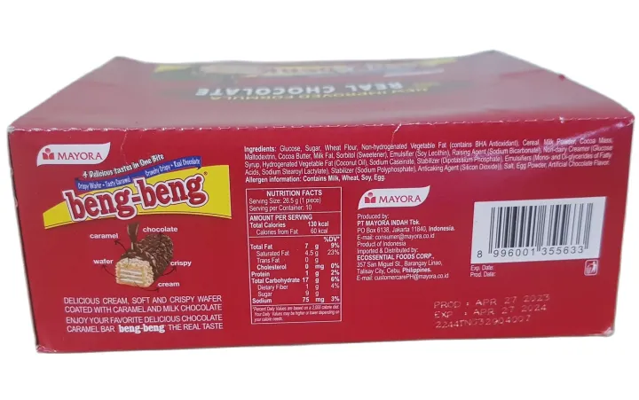 Mayora Brand BENG-BENG Real Chocolate and Caramel Coated Wafer (pack of ...