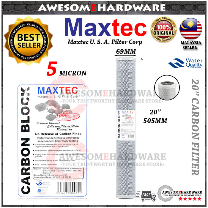(5 MICRON) MAXTEC USA 20 INCH 20" CTO CARBON BLOCK FILTER CARTRIDGE TO ...