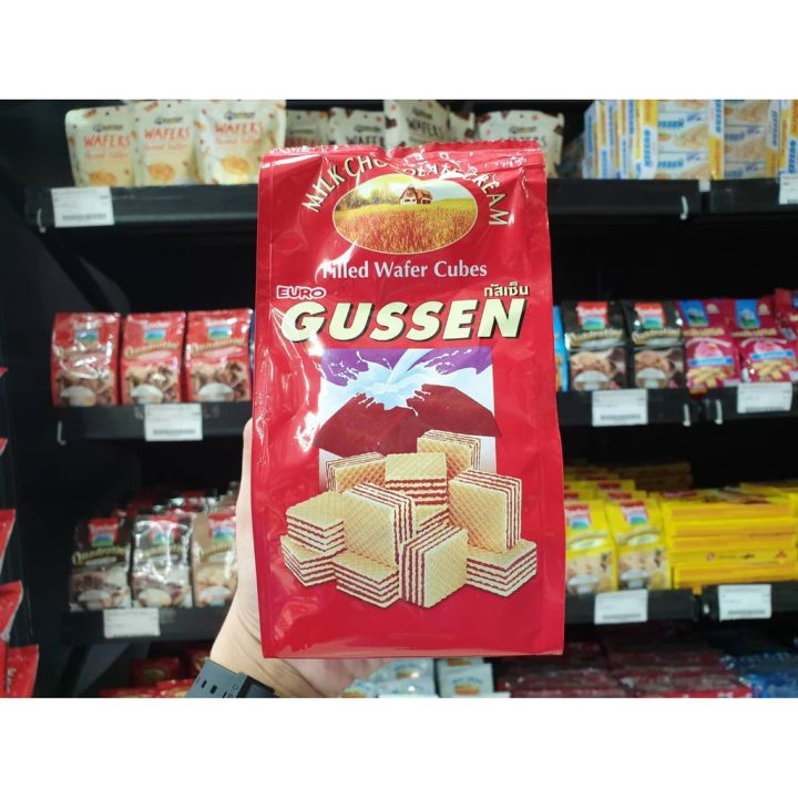 🔥Gussen กัสเซ็น เวเฟอร์สอดใส้ครีม รส มิลค์ช็อกโกแลต สีแดง 100 กรัม ...