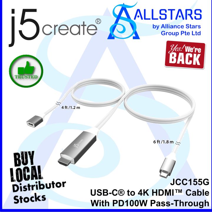 (ALLSTARS) J5create JCC155G USB-C® to 4K HDMI™ Cable With PD100W Pass ...