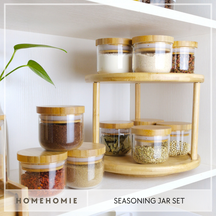 Homehomie Bamboo Rotating Seasoning Rack Shelf Holder Spice Jar ...