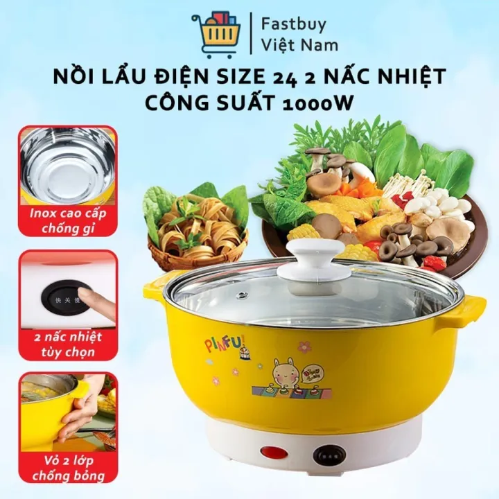Nồi Lẩu Điện Mini 24cm 1000W Inox 304, Ca Lẩu, Ca Mì Đa Năng , Bếp Lẩu Mini Nắp Kính Siêu Tiện ...