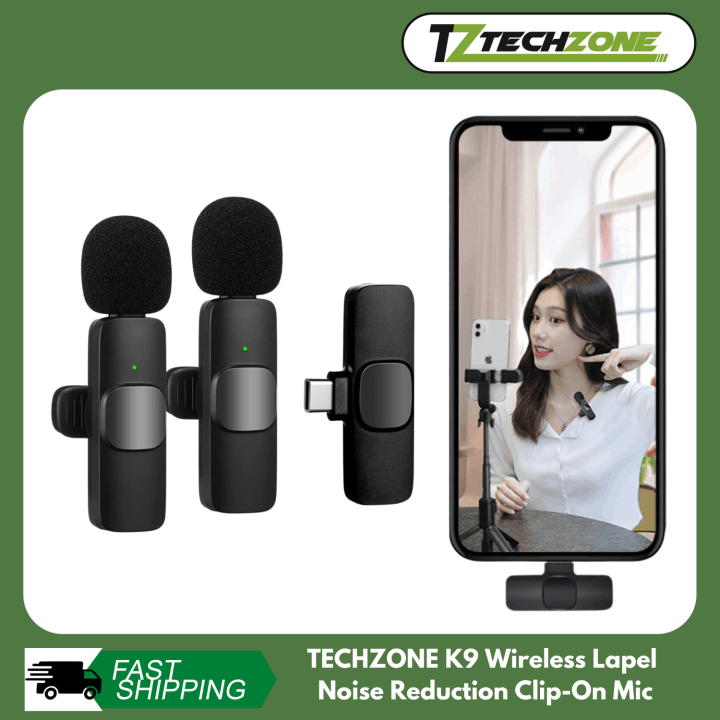 TECHZONE K9 Wireless Lapel Microphone Noise Reduction Lavalier Clip On ...