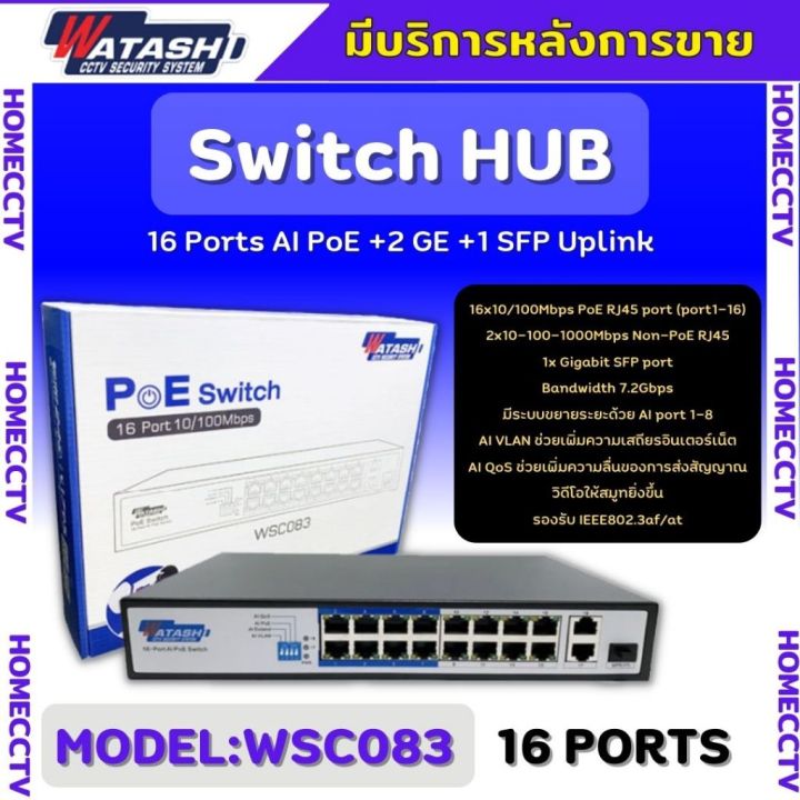 Watashi HUB POE 16ช่อง+2 รุ่น WSC083 Switch Hub 16 Port AI PoE + 2 Port ...