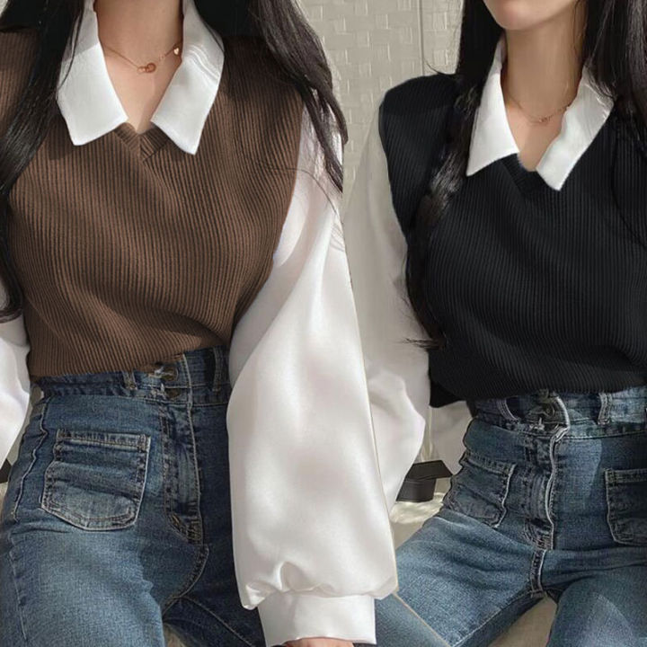 【COD+Ready Stock】Long Sleeve Polo Shirt For Women Fake Two Piece ...