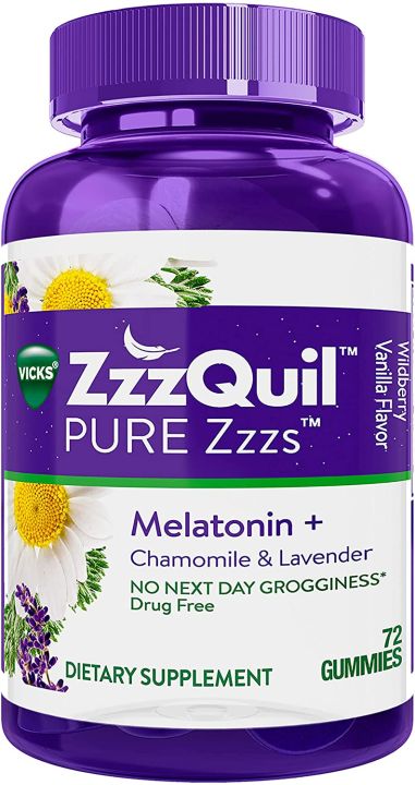ZzzQuil Pure Zzzs Melatonin Sleep Aid, 72 Gummies with Chamomile ...