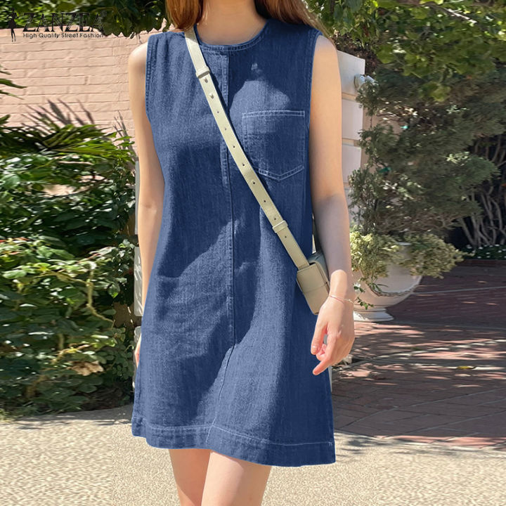 ZANZEA Korean Style Womens Denim Sundress Casual Loose Front Pockets ...