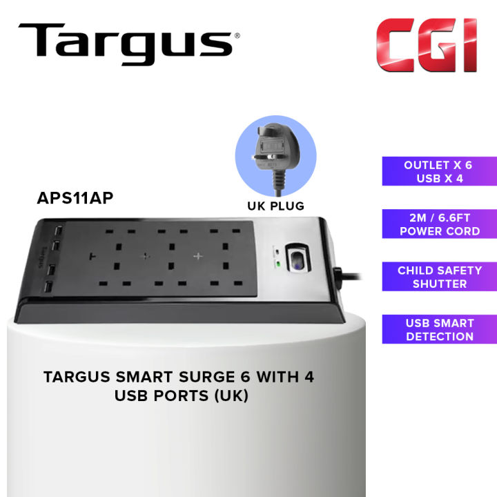 Targus Smart Surge 6 with 4 USB Ports (UK) - APS11AP (Original Targus Malaysia) | Lazada