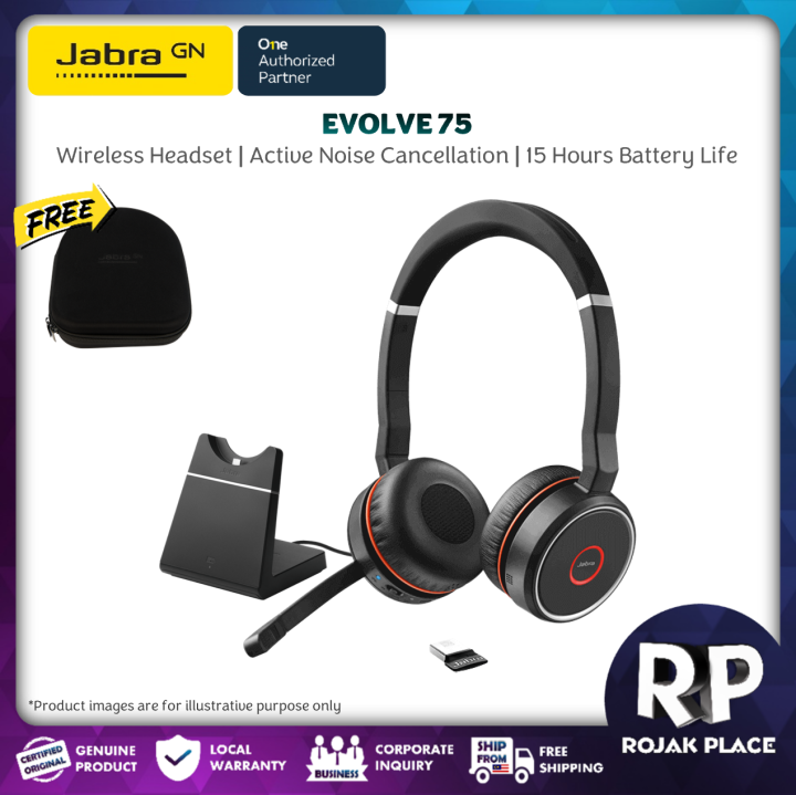 Jabra Evolve 75 SE Stereo Professional Wireless Headset Active Noise Cancelation ANC Headphone ...