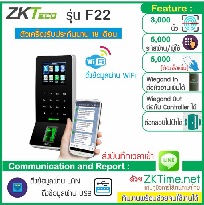 ZKTeco F22 WiFi เครื่องสแกนลายนิ้วมือ บันทึกเวลาทำงาน เปิดประตู รูปแบบทันสมัย บางกระทัดรัด สามาร ...