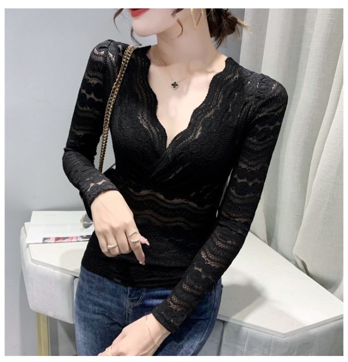 PS-รุ่น-218 มาใหม่เสื้อลูกไม้คอวีแขนยาวกระชับตัว ผ้านุ่มสวมใส่สบาย ...