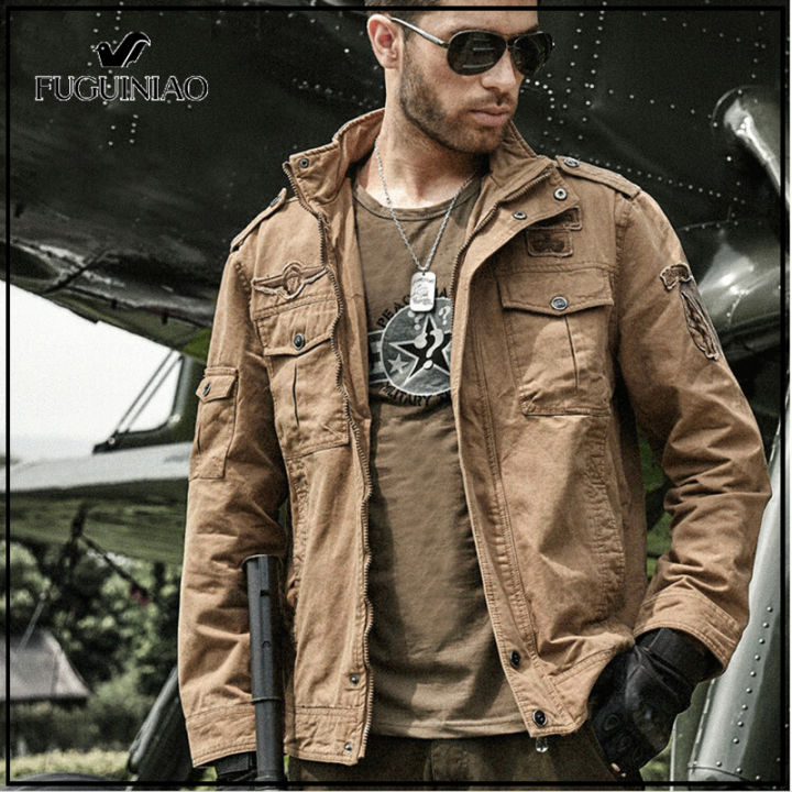 Fuguiniao 2021 Men's Slim Military Jacket Washed Cotton Stand Collar ...