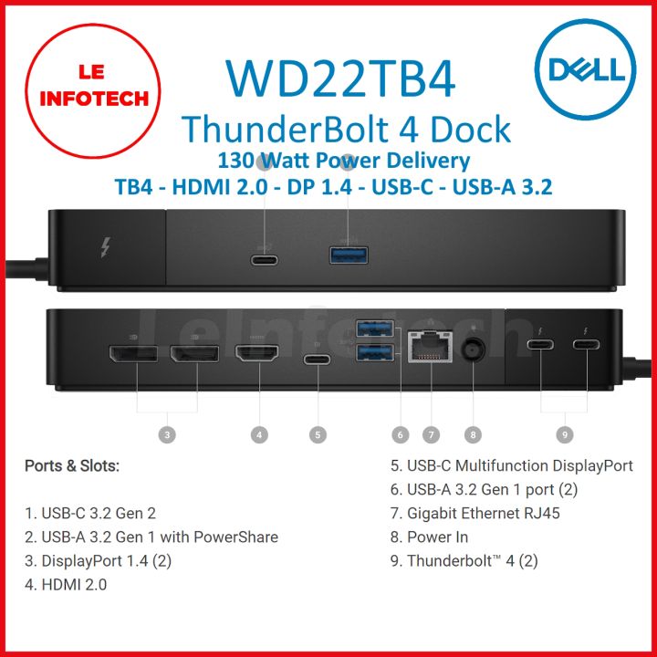 USED Dell WD22TB4 ThunderBolt 4 Dock HDMI DisplayPort USB-C USB-A RJ45 ...