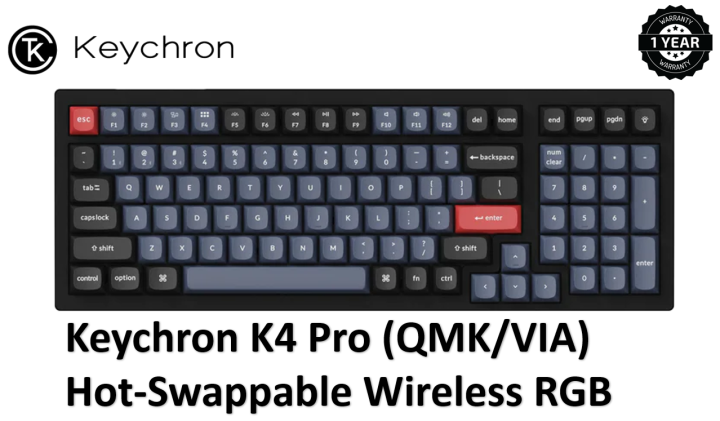 Keychron K4 Pro (QMK/VIA) Hot-Swappable RGB Wireless Mechanical Keyboard (96% 100Keys / Type-C ...