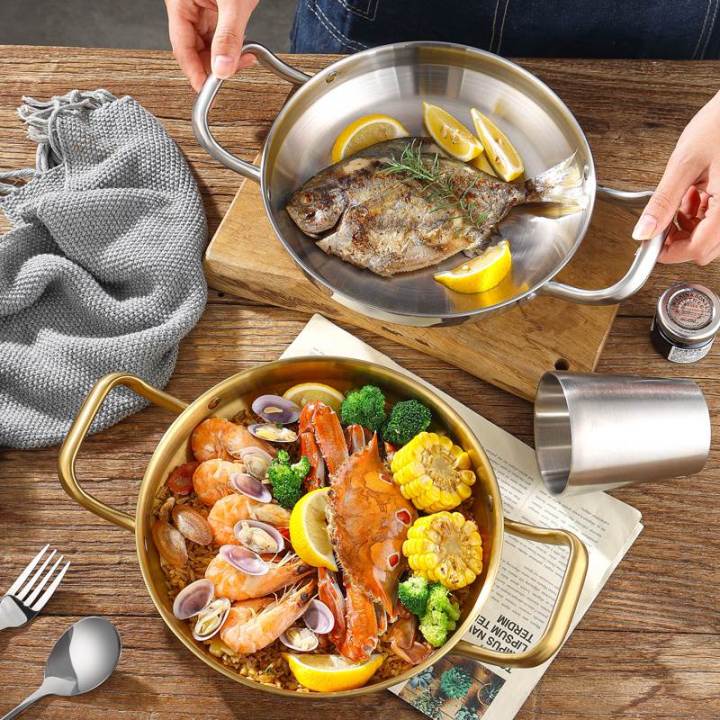 Stainless steel Spanish paella pot golden Korean army hot pot thickened ...