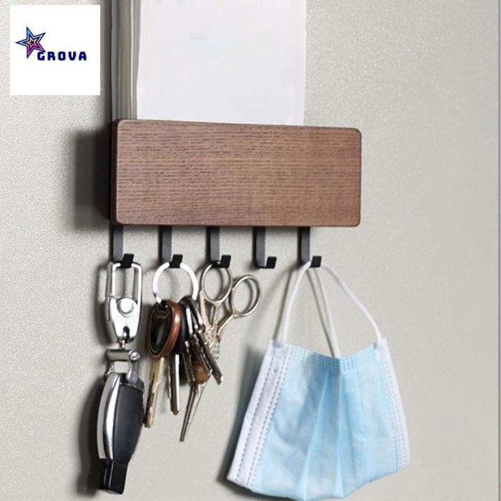 GROVA with 5 Hooks Wooden Key Hanger Punch Free Shelf Key Holder ...