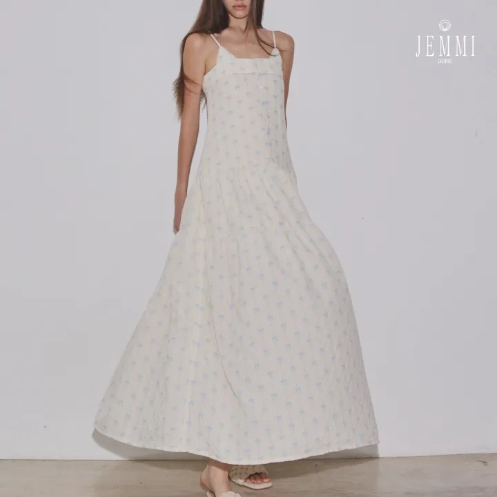 JEMMIDORIS เดรสยาวสายเดี่ยวลายโบว์สีฟ้า-รุ่น Mimosa dress blue ribbon ...