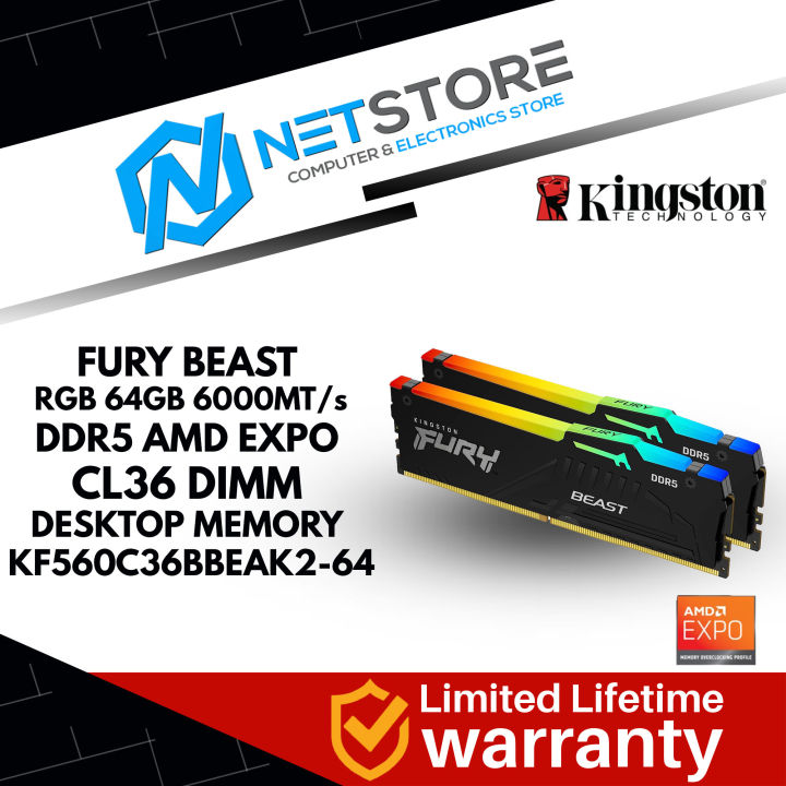 KINGSTON FURY BEAST RGB 64GB 6000MT/s DDR5 AMD EXPO CL36 DIMM DESKTOP MEMORY -KF560C36BBEAK2-64 ...