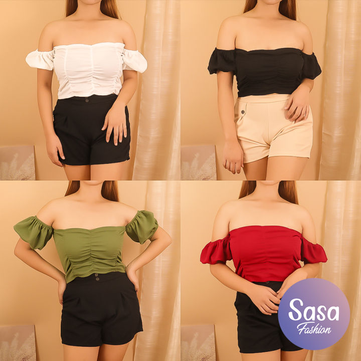 SASA PLUS SIZE Off Shoulder Blouse Tops Puff Sleeve Ruched Top KAMELI ...